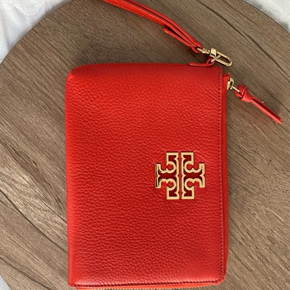 Tory Burch | Bags | Tory Burch Bold Red Wristlet With Gold Logo | Poshmark